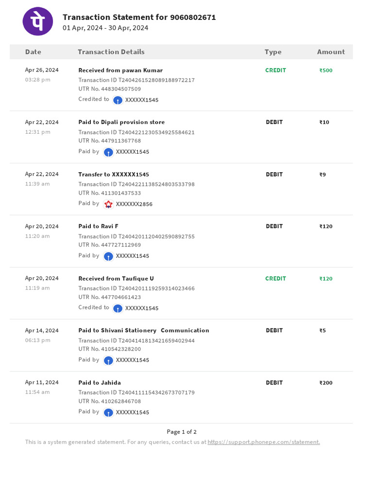 PhonePe Statement Apr2024 Apr2024 | PDF | Debits And Credits | Debit Card