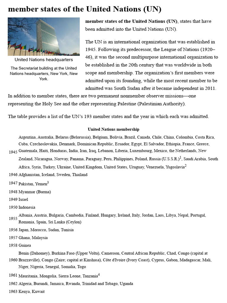 Member States of The United Nations (UN) - Britannica Online ...