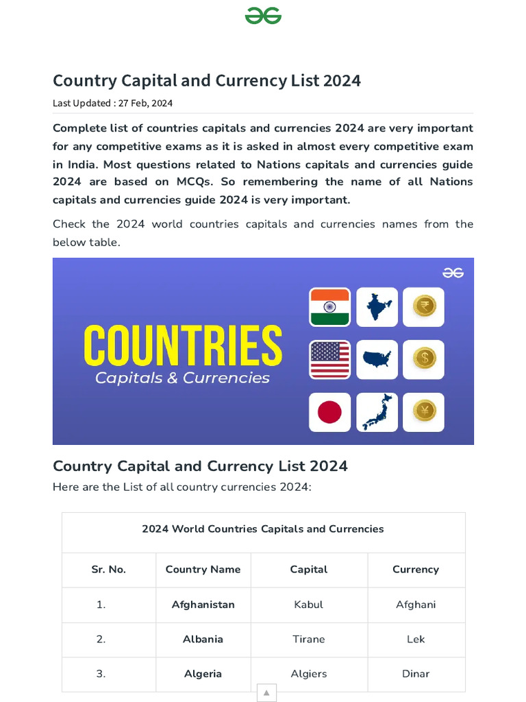 Countries, Capitals, and Currencies 2024 | PDF | Renminbi | Currency