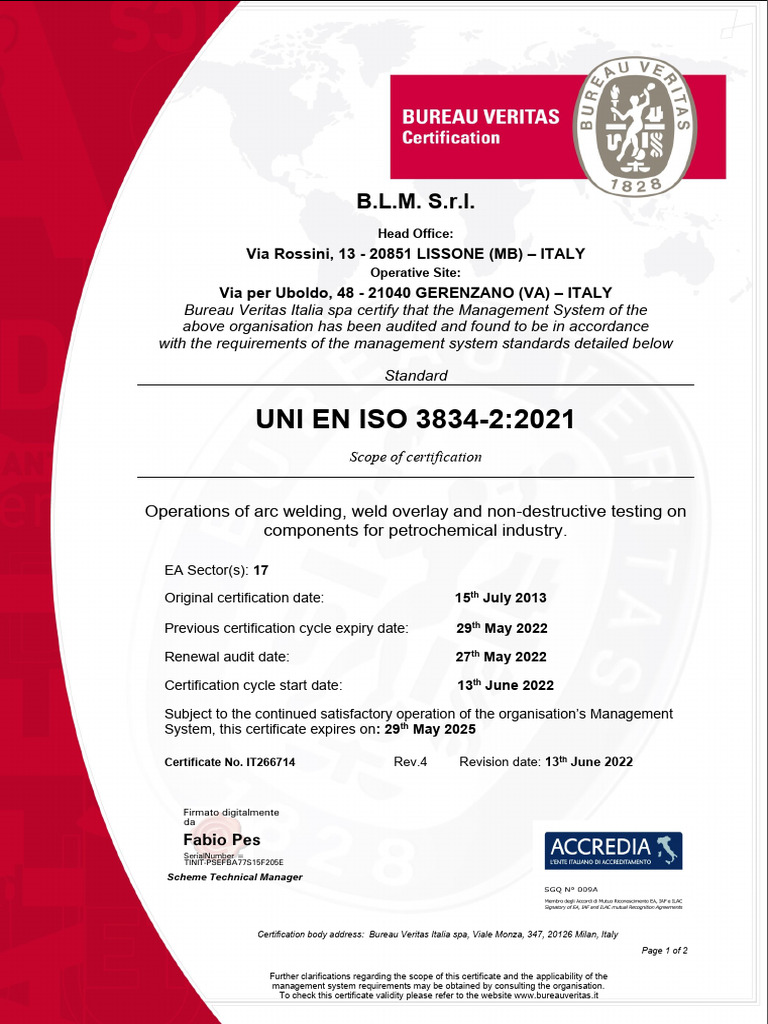 UNI EN ISO 3834-2:2021: B.L.M. S.R.L | PDF | Certification | Mechanical ...