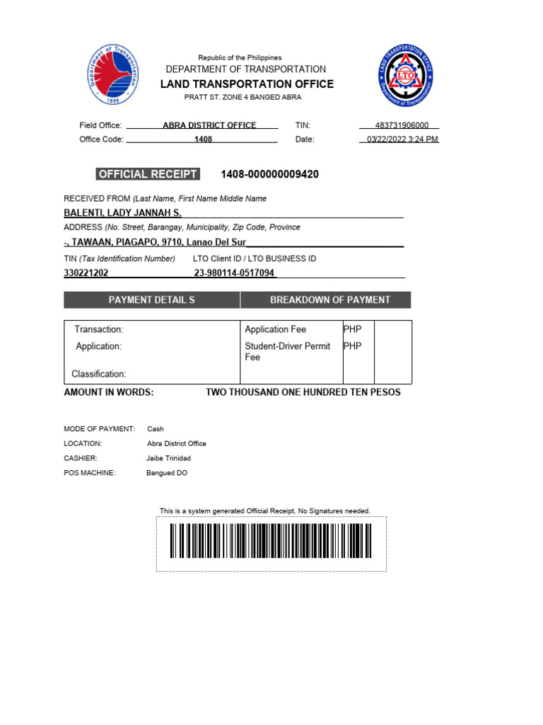 Official Receipt 1408 | PDF