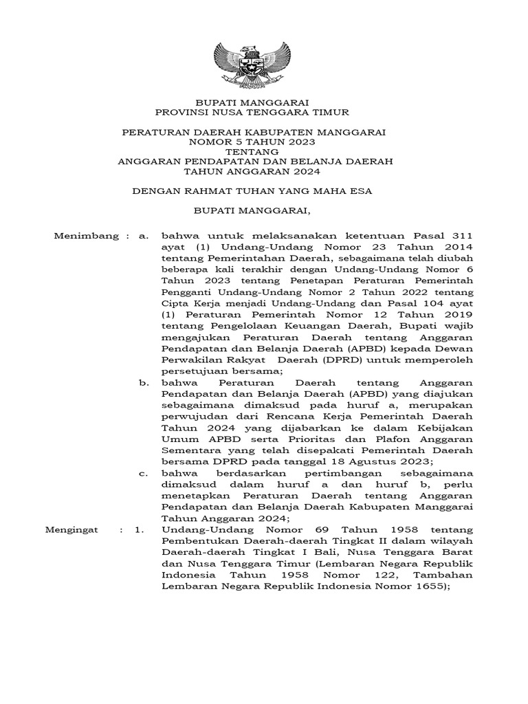 Batang Tubuh Perda Apbd 2024 | PDF