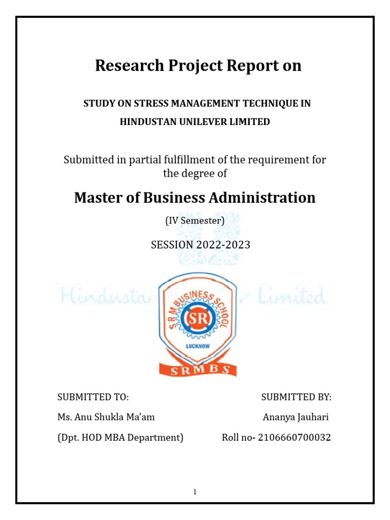 Ananya's Project On Study On Stress Managentment Technique in Hindustan ...