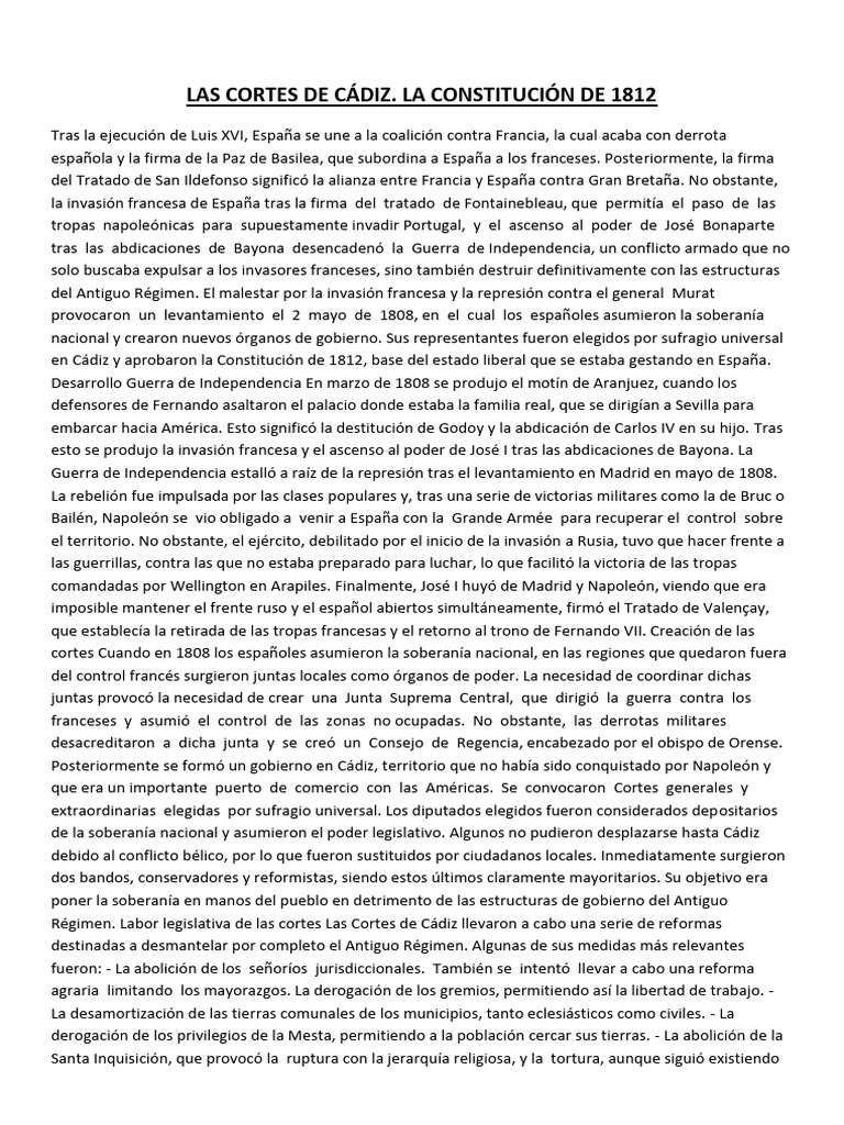 1 LAS CORTES DE CADIZ. LA COSNTITUCION DE 1812. | PDF | Guerra ...