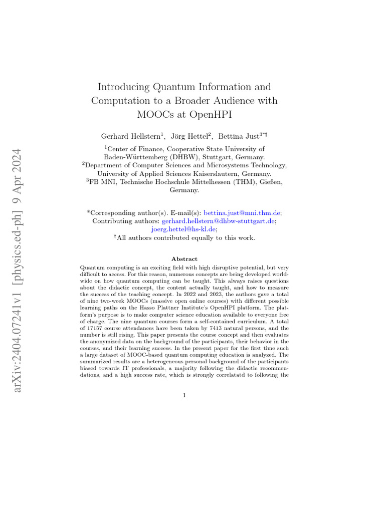 Introducing Quantum Information and Computation To A Broader Audience With Moocs at Openhpi ...
