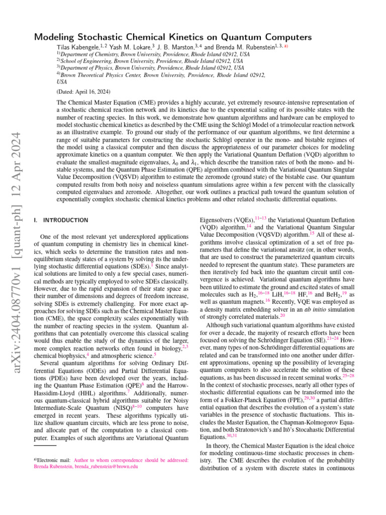 Modeling Stochastic Chemical Kinetics On Quantum Computers | PDF ...