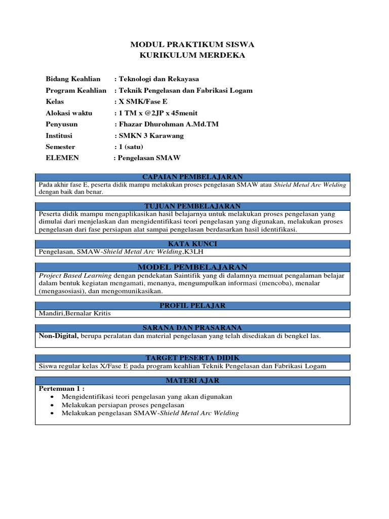 Modul Ajar Pengelasan SMAW (Praktikum) | PDF
