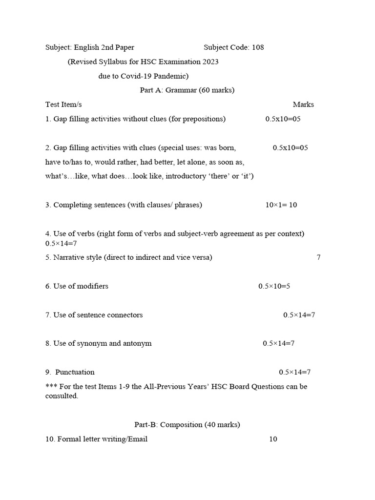 HSC-2024 English 2nd Paper Syllabus | PDF | Syntax | Grammar