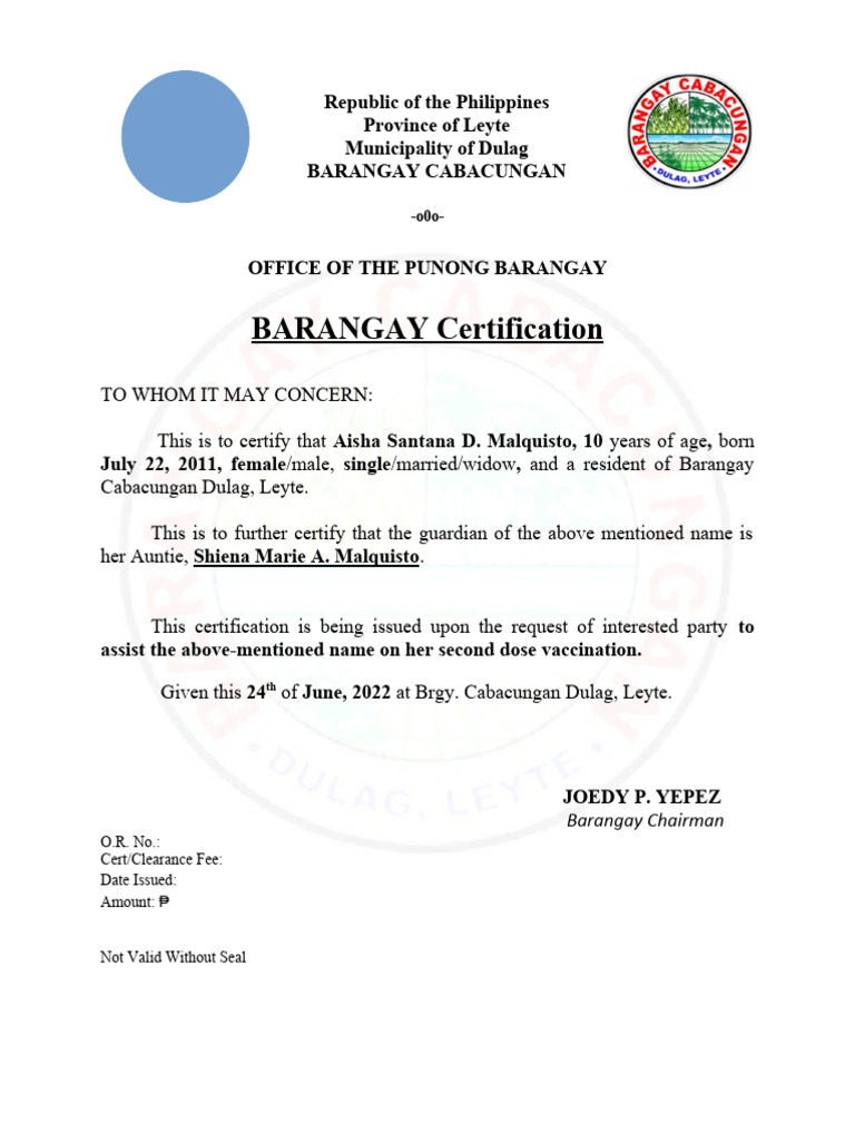 Barangay Certificate - Clearance Sample Form | PDF