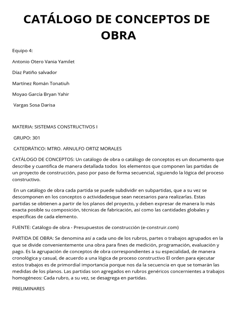 CATÁLOGO DE CONCEPTOS DE OBRA | PDF | Planificación | Arquitecto