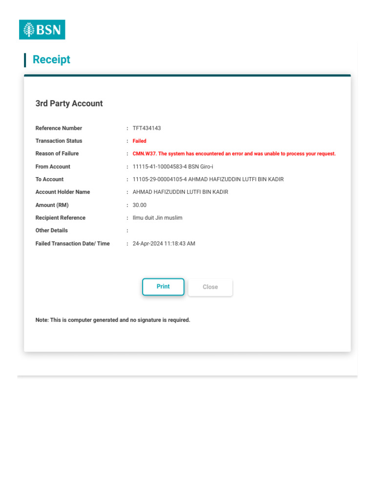 MyBSN - 3rd Party Account Acknowledgement - Bank Simpanan Nasional | PDF