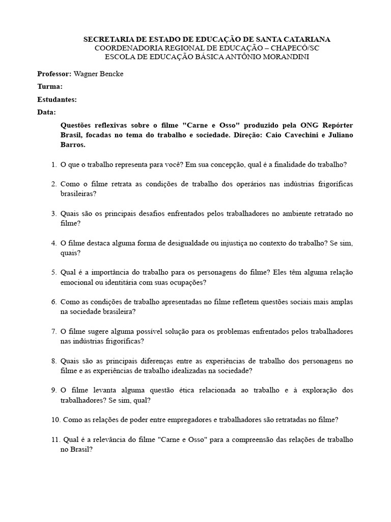 Questões Reflexivas - Filme Carne e Osso PDF | PDF