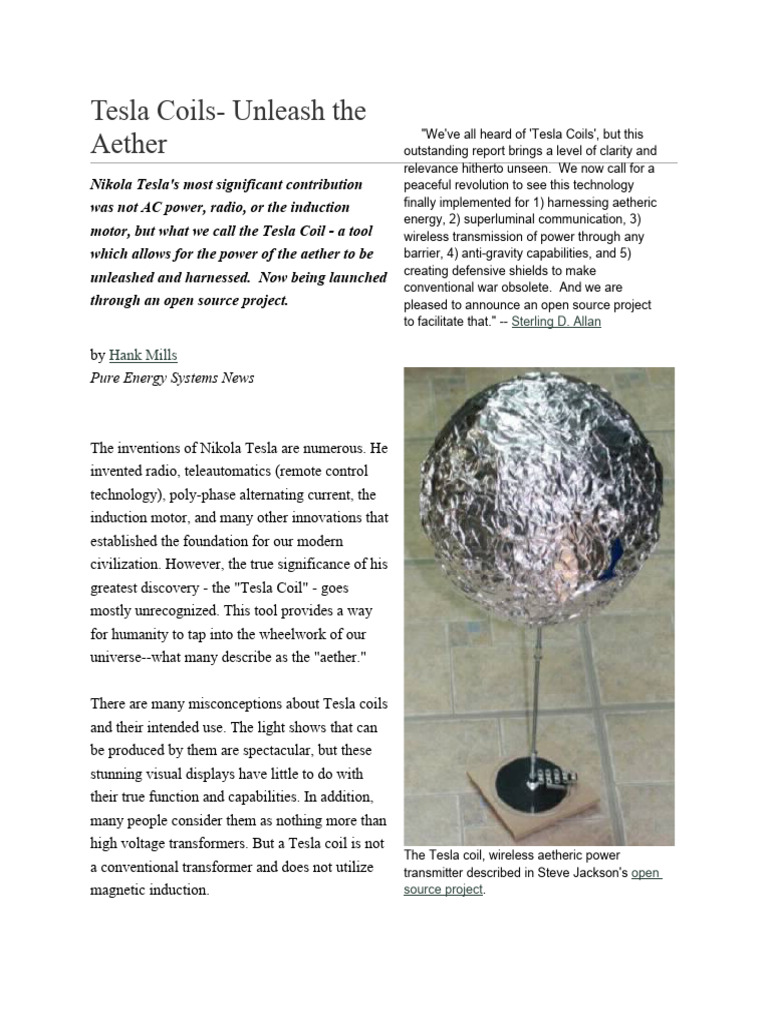 Harnessing Aether with Tesla Coils | PDF | Transformer | High Voltage