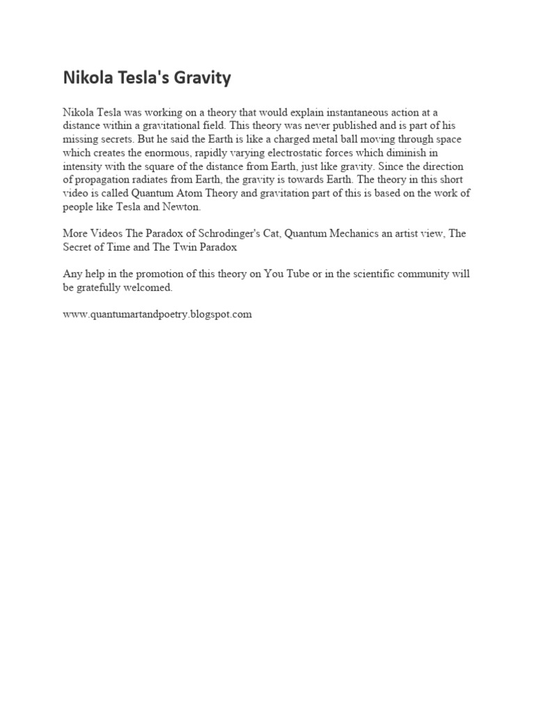 Nikola Tesla's Gravity | PDF | Science & Mathematics