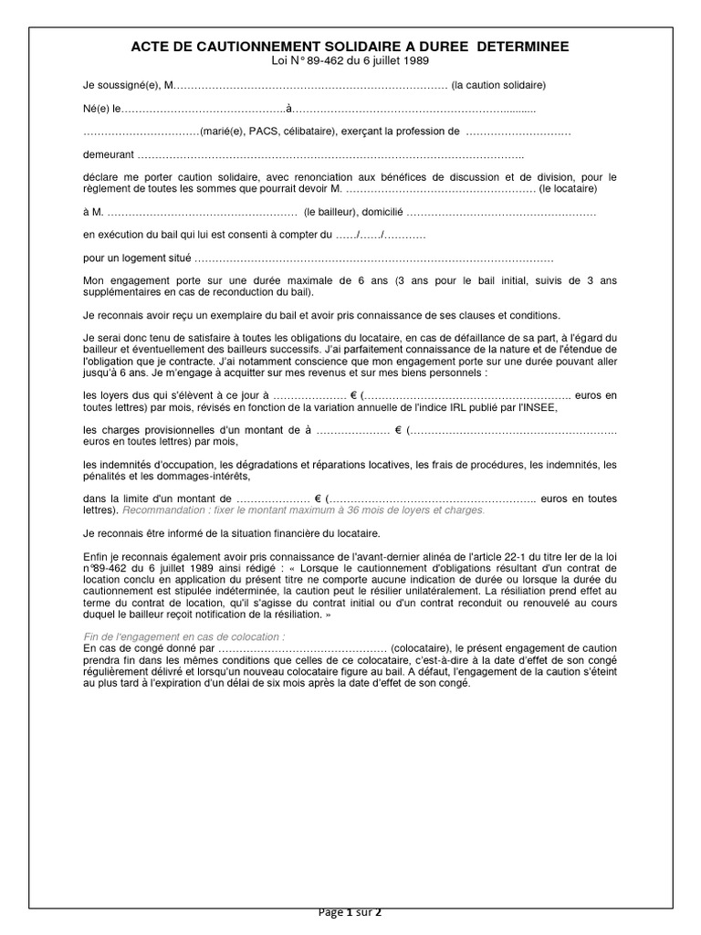 Modèle d'acte de caution solidaire | PDF | Cautionnement | Débiteur