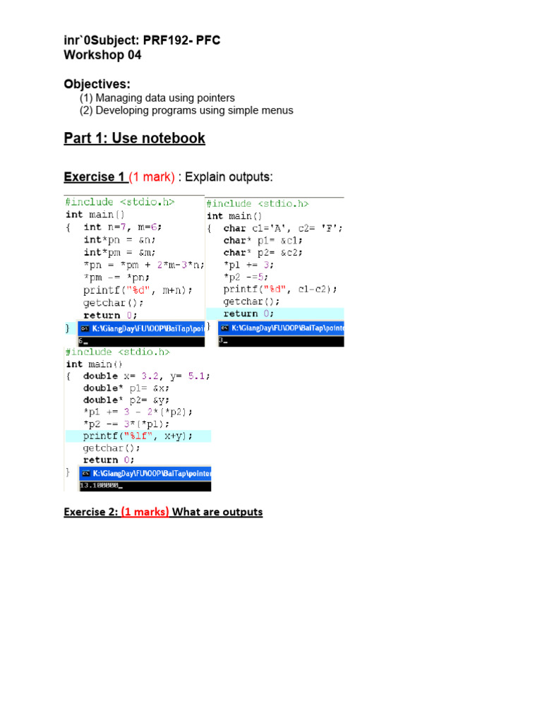Workshop 04 | PDF | Menu (Computing) | Pointer (Computer Programming)
