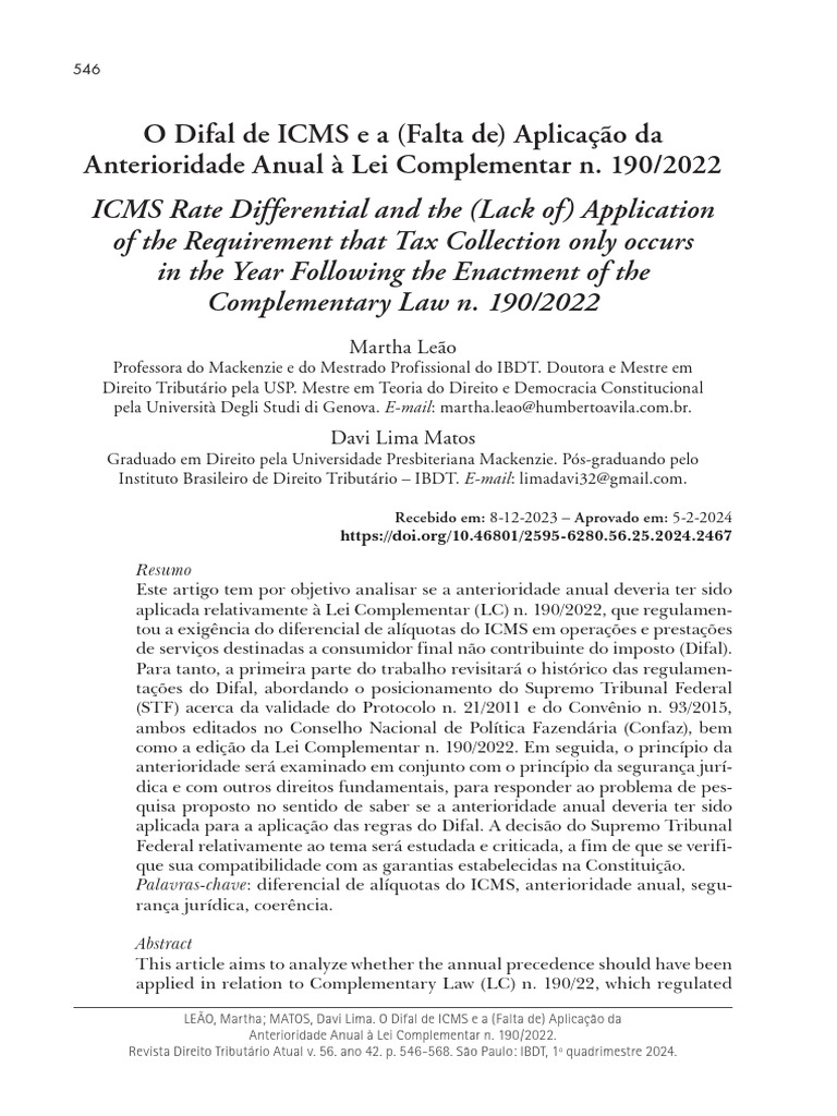 LEÃO, Martha. MATOS, DaviLima o Difal de ICMS e A Falta de Aplicação Da ...