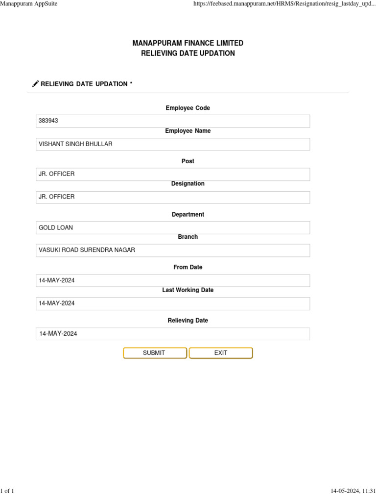 Manappuram Finance Relieving Date Update | PDF