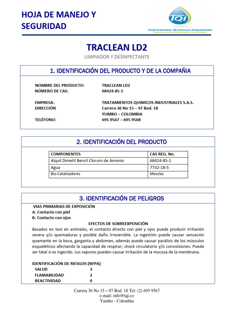 Hoja de Seguridad Traclean LD2 | PDF | Agua | Respiración
