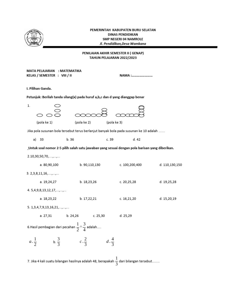 Soal Pat MTK KLS Viii - 035237 | PDF