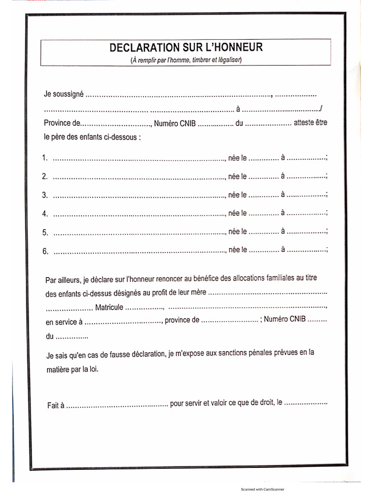 déclaration sur l'honneur | PDF