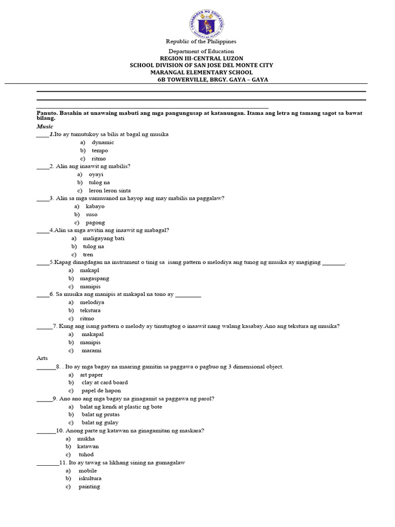 PT - MAPEH 1 - With Tos 4th QUARTER 1 | PDF