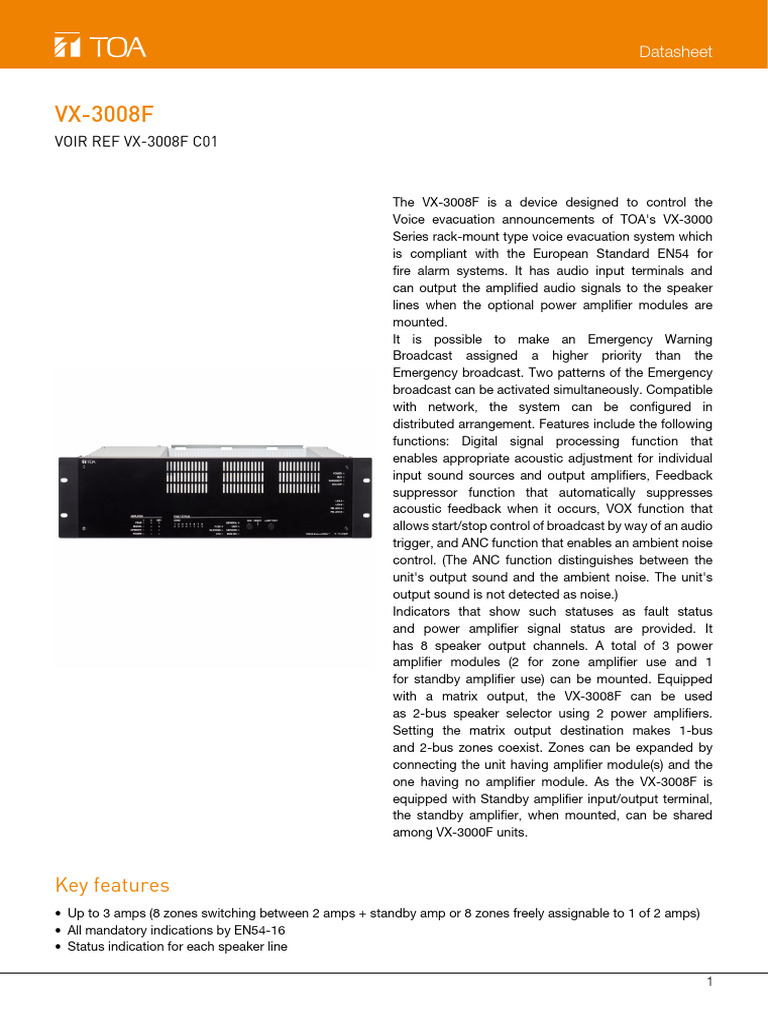 VX-3008 System Manager Datasheet | PDF | Amplifier | Equalization (Audio)