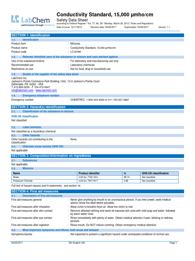 Conductivity Standard 15,000 | PDF | Toxicity | Firefighting