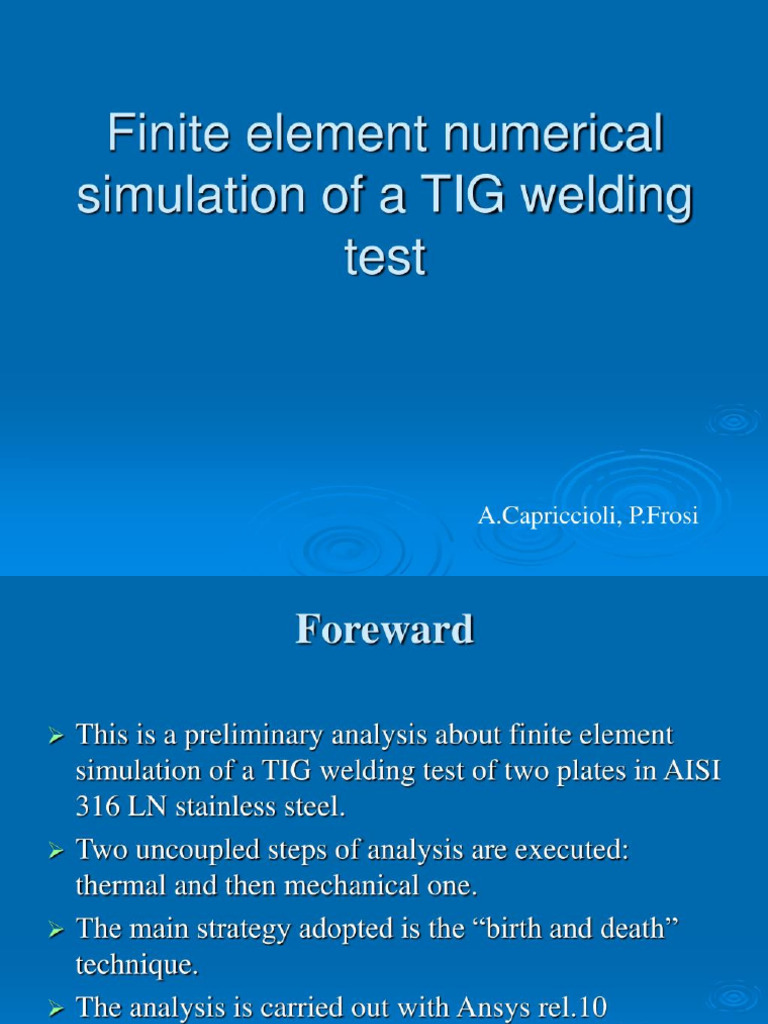 Finite Element Simulation of A TIG Welding Test - PPT Presentation | PDF
