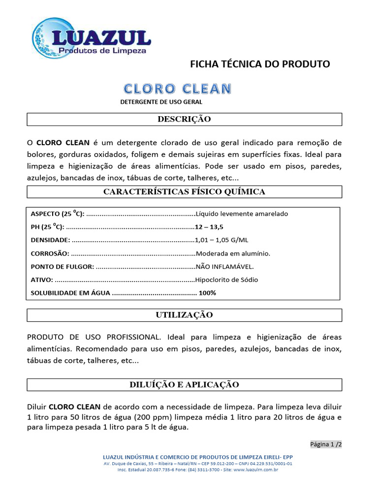 Ficha Técnica Cloro Clean | PDF | Substancias químicas | Química