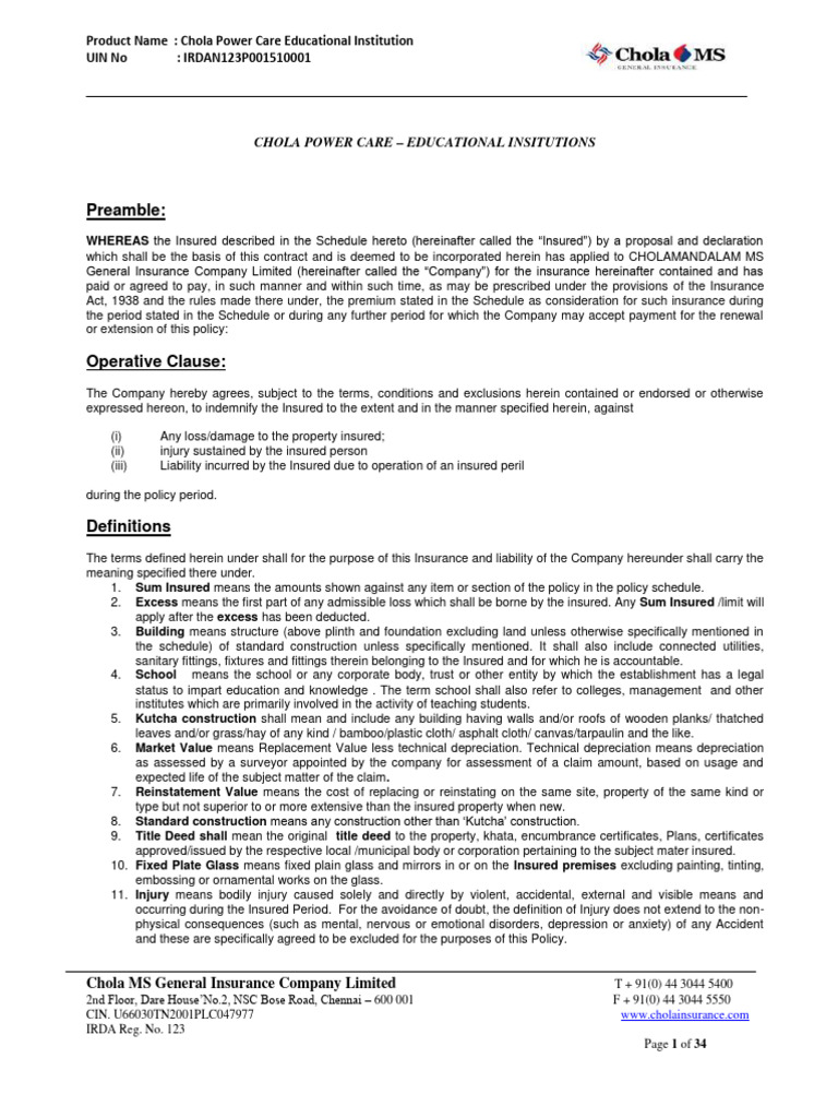 Chola - Power - Care - Educational - Institution - Policy Wording | PDF ...
