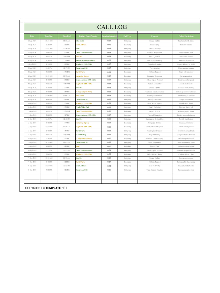 Call Log Template | PDF | Computing
