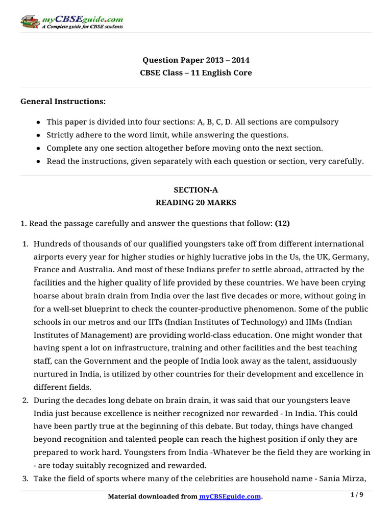 11 English Core Lyp 2013 2014 Ques Paper | PDF | Human Capital Flight