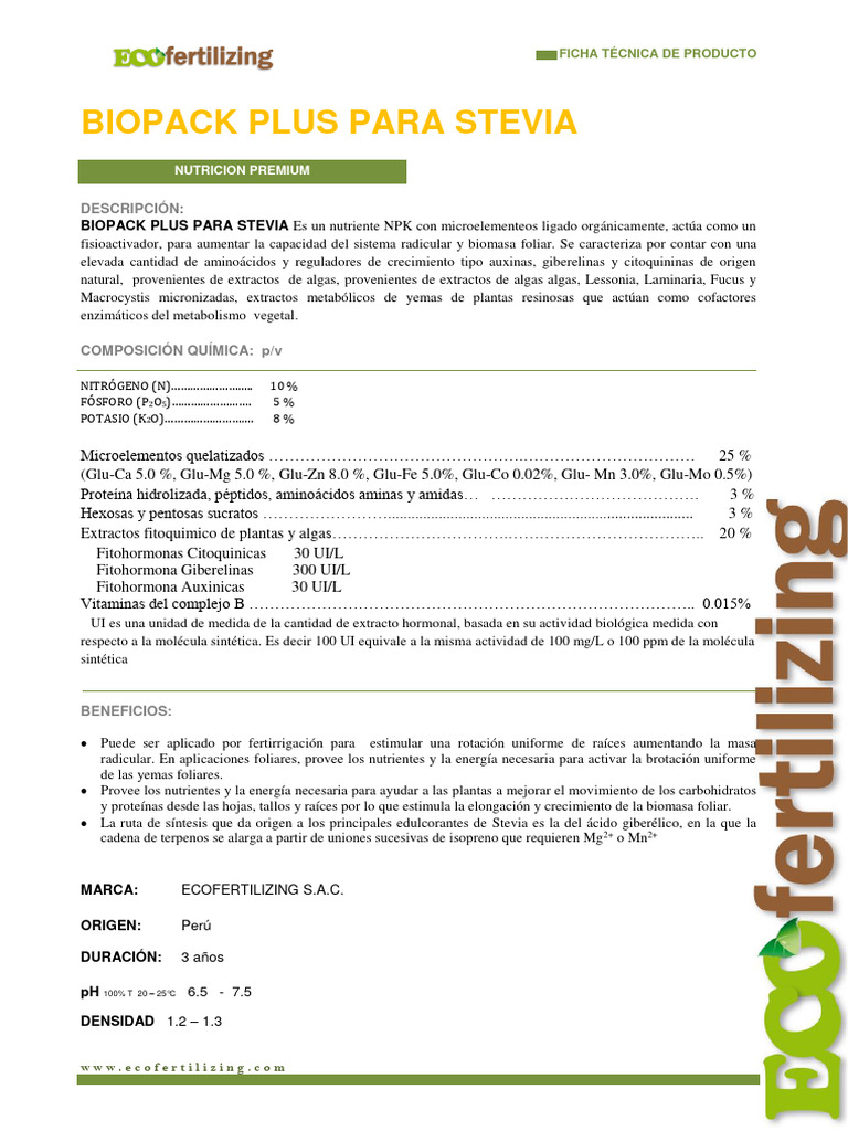 F.T Biopack Plus para Stevia | PDF | Nutrientes | Bioquímica
