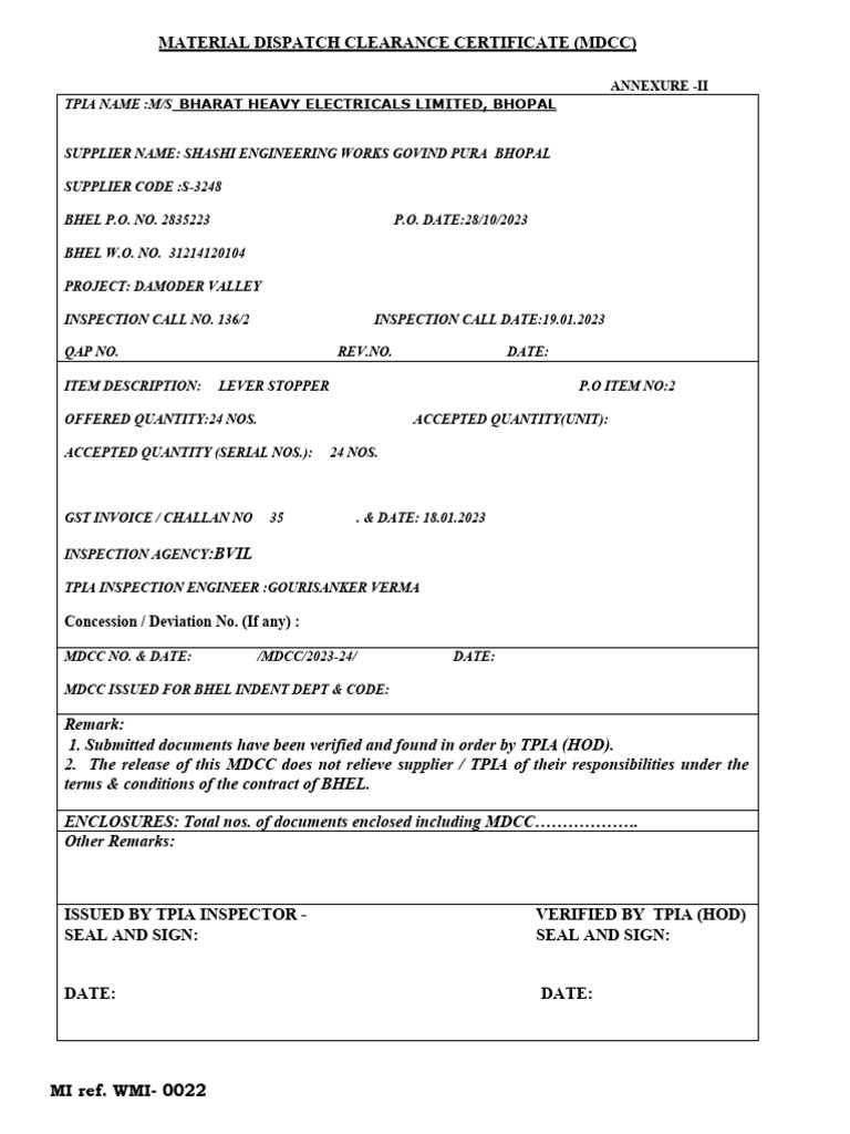 Material Dispatch Clearance Certificate | PDF