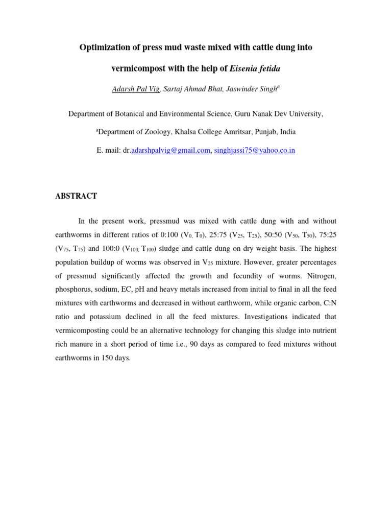 Vermicomposting Press Mud with Cattle Dung | PDF | Compost | Manure