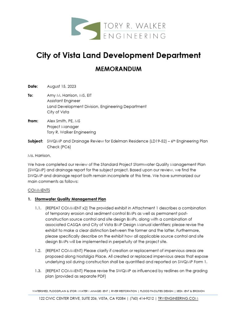 SWQMP Review for Edelman Residence | PDF | Stormwater | Earth Sciences