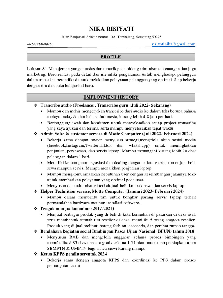 CV Nika Risiyati | PDF