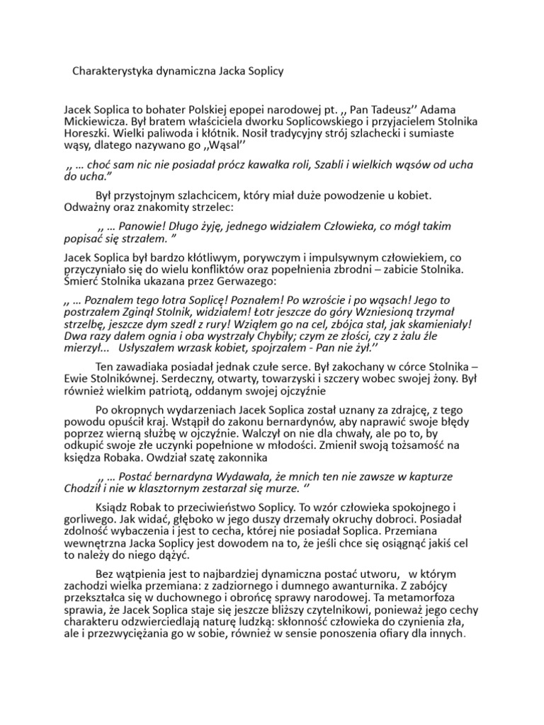 Charakterystyka Dynamiczna Jacka Soplicy | PDF