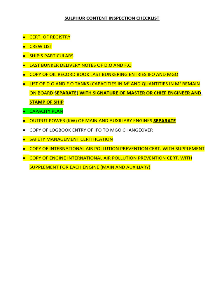 Sulphur Content Inspection Checklist | PDF | Technology & Engineering