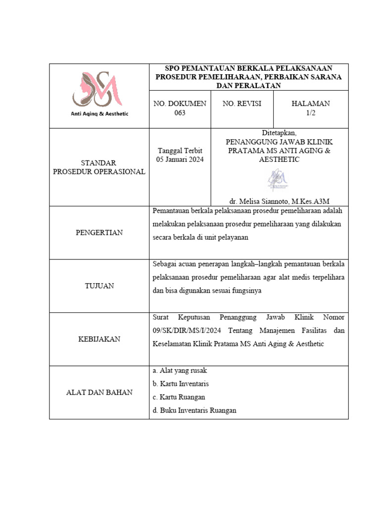 Sop Pemantauan Berkala Pelaksanaan Prosedur Pemeliharaan MS | PDF | Bisnis | Sains & Matematika