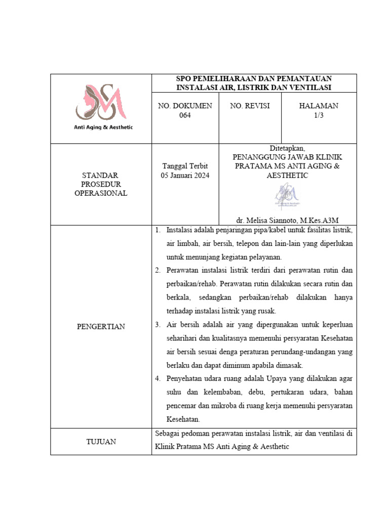 Sop Pemeliharaan Instalasi Air, Listrik, Ventilasi Dan Gas Medik MS | PDF | Griya & Taman ...