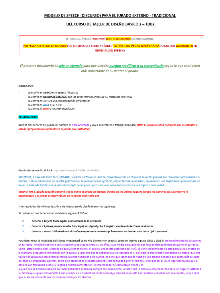 MODELO DE SPEECH PARA EL JURADO TRADICIONAL-RosaAhumada | PDF | Iniciativa empresarial | Color