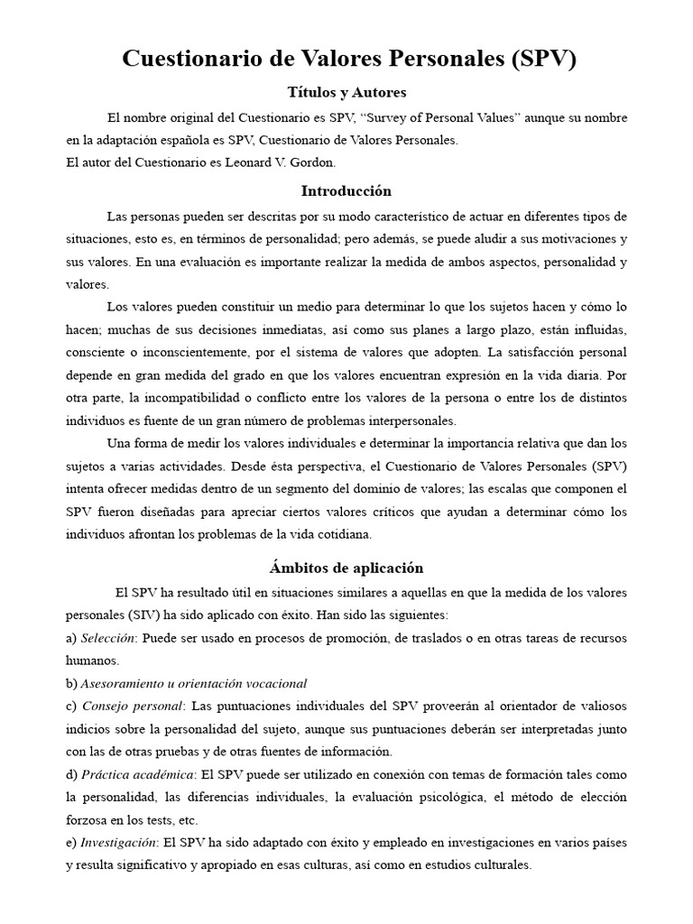 Evaluación de Valores Personales SPV | PDF | Validez (Estadísticas) | Cuestionario
