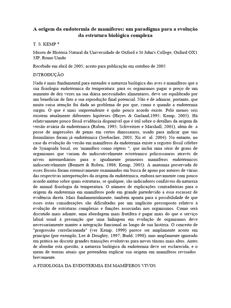 Traducçao Do Artigo de Endotermia | PDF | Evolução | Mamíferos
