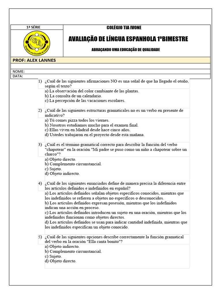 Evaluación de Español 1º Bimestre | PDF | Adverbio | Verbo
