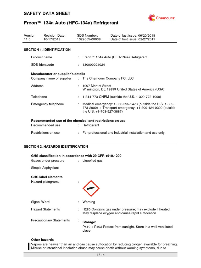 GAS 134 CHEMOURS | PDF | Toxicity | Dangerous Goods