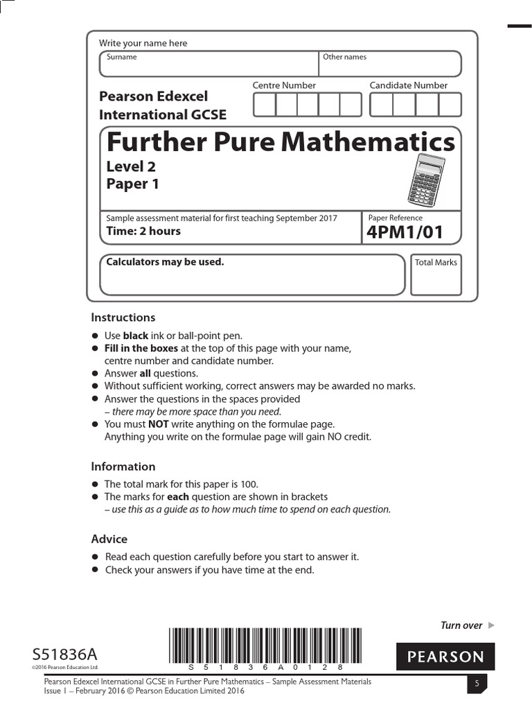 Edexcel Igcse Further Pure Maths Specimen p1 QP | PDF | Mathematics | Area
