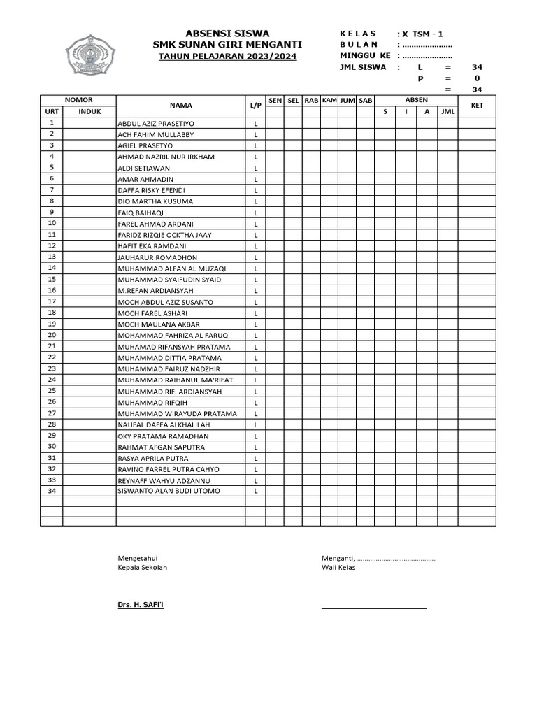SMK Sunan Giri Absensi Siswa | PDF