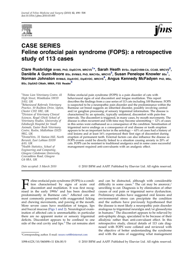 Rusbridge Et Al 2010 Feline Orofacial Pain Syndrome (Fops) A ...